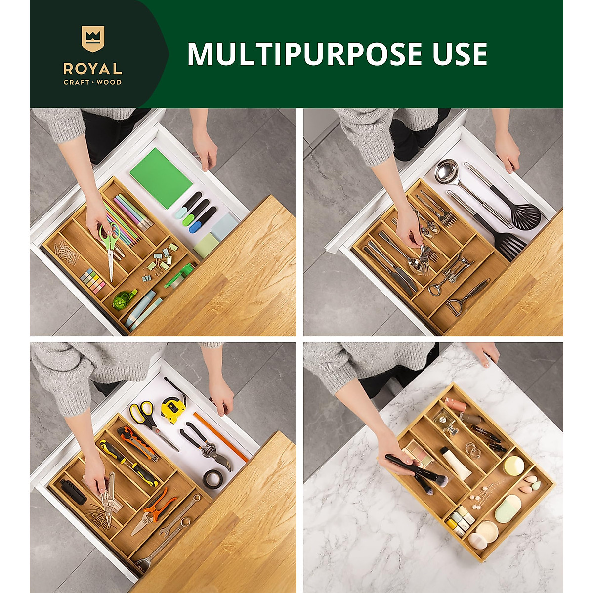 ROYAL CRAFT WOOD Luxury Bamboo Kitchen Drawer Organizer - Silverware Organizer and Cutlery Tray with Grooved Drawer Dividers for Flatware and Kitchen Utensils (7 Slot, Natural)
