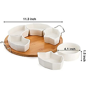 ZENFUN 11.3'' Ceramic Divided Dishes with Bamboo Tray, 6-Compartment Appetizer Tray Removable Snack Bowls, Round Sectional Serving Platter for Candy and Nut, Fruits, Condiment, Party