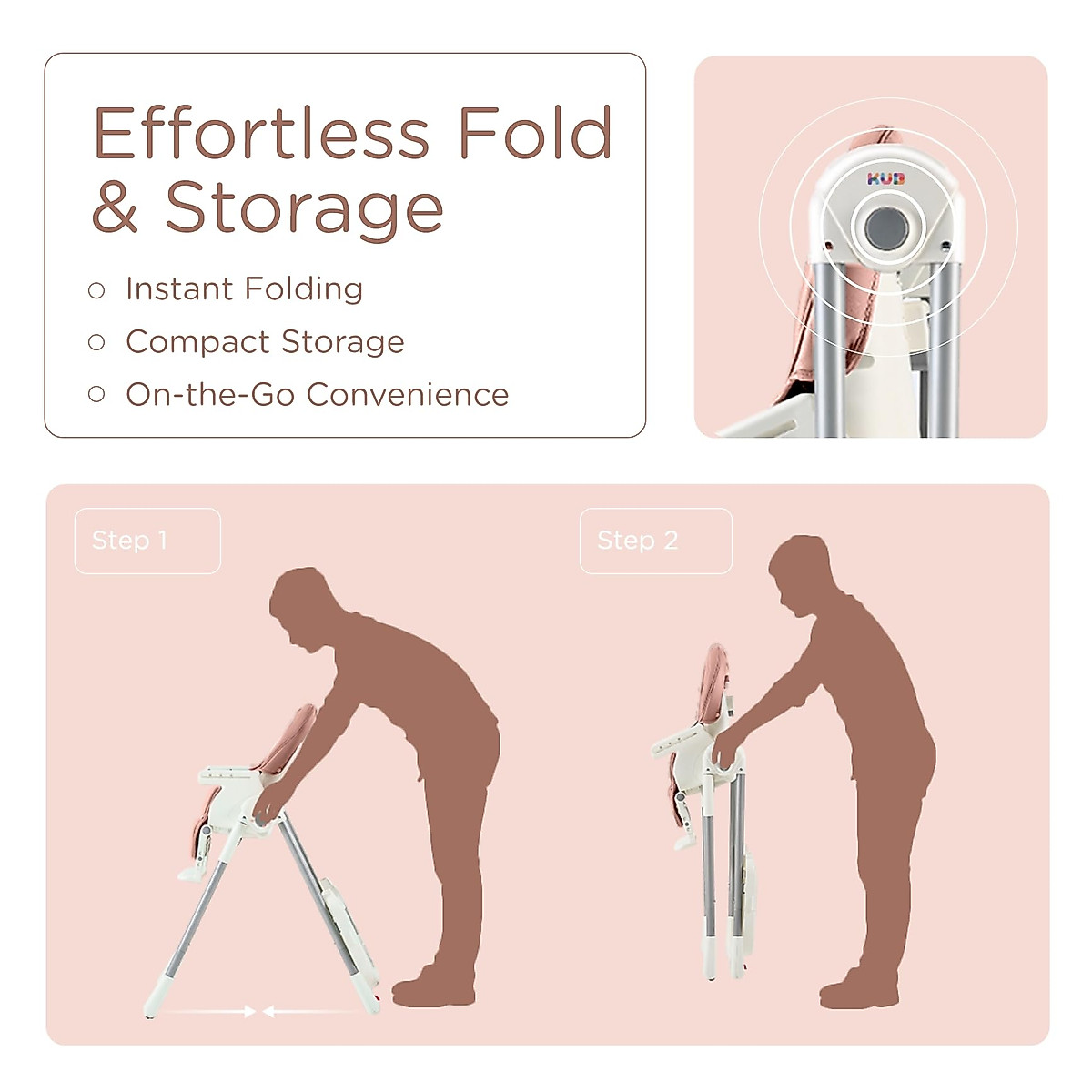 KÜB 3-in-1 Foldable Baby High Chair | 7 Height & 4 Recline Adjustable | Removable Seat & Tray for Easy Clean | 2 Locking Wheels | Multifunctional Infant Highchair for Babies Toddlers Girl (Pink)