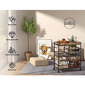 Gizoon 3 Tier 38" Home Bar Serving Cart with Large Storage Space, Mobile Kitchen Storage Trolley with Lockable Wheels, 12 Wine Rack, Glass Holder, Removable Tray (Retro)