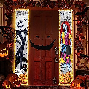 Jack Sally Lighted Banners Porch Signs Halloween Decor Christmas Nightmare Banner Halloween Decorations Outdoor Party Banner
