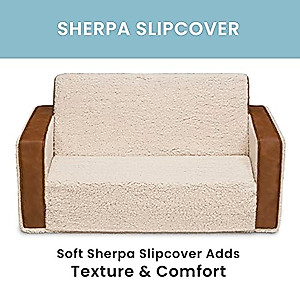 Delta Children Cozee Flip-Out Sherpa 2-in-1 Convertible Sofa to Lounger for Kids, Cream Sherpa/Faux Leather