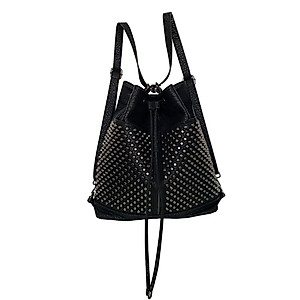 Chikencall Over-size Studded Bucket Bag or Women,3 Ways Multifunction Backpack Vegan Leather Punk Rock Rivet Large Shoulder Bag Crossbody Bag Black