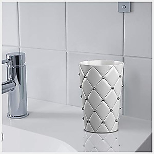 Ceramic Jewel Collection Bathroom Accessories Set for Vanity Countertops 8 Piece Includes Container, Soap Dish,Toothbrush Holder,Tumbler,soap pump,Waste Basket,Tissue Box Holder,Tray-White/Silver