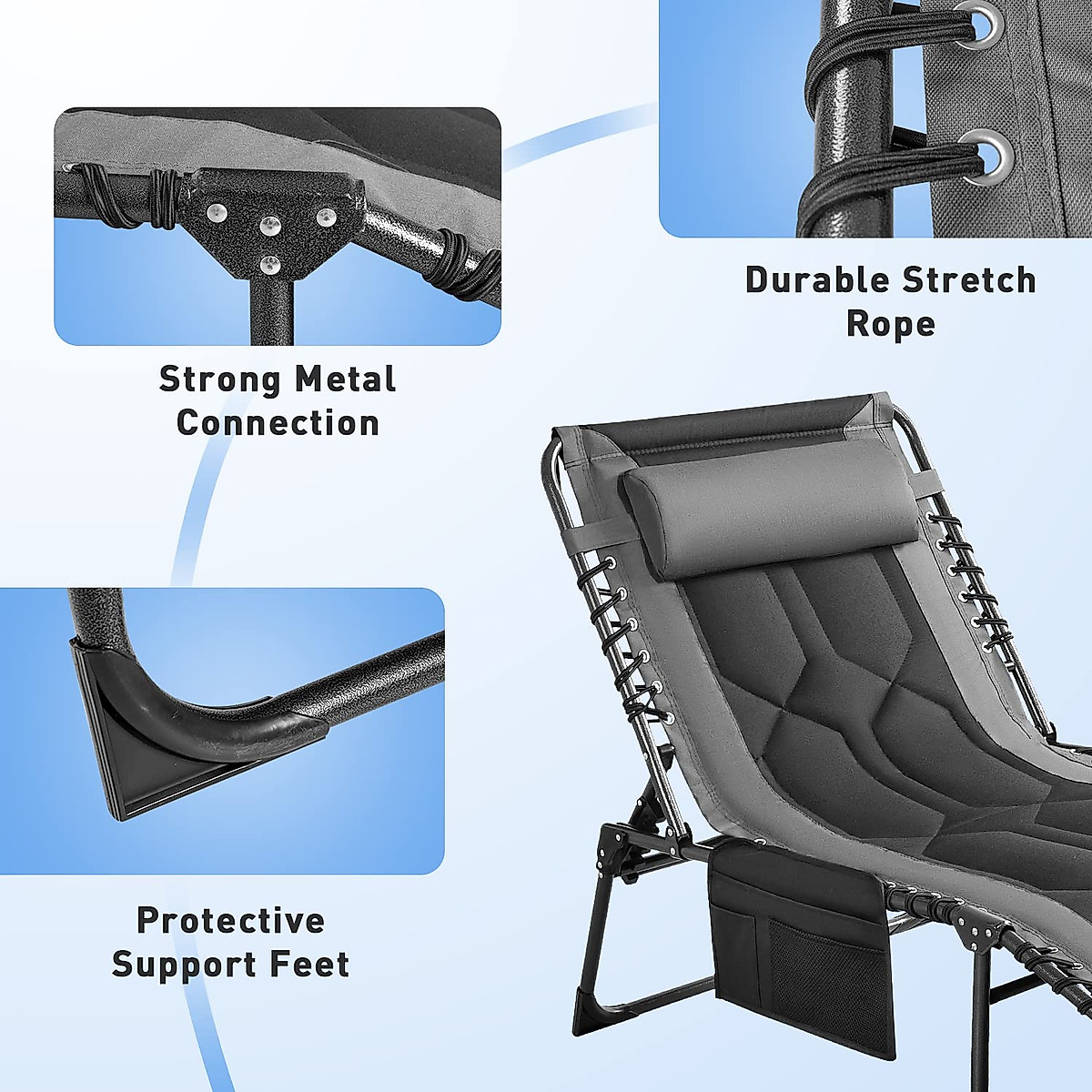 Flamaker Folding Chaise Lounge Outdoor Portable Lounge Chairs 4-Position Adjustable Camping Lounge Chair with Pillow & Side Bag Lightweight Recliner Sunbathing Chair for Pool Beach Deck (Grey)