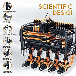 THILEMON Power Tool Organizer, 3 Layers 5 Drill Holder Of Heavy Metal Power Tool Organizer Wall Mount, Garage Organizatio， Power Tool Organizer