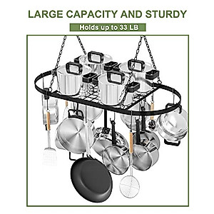 X Home 32-Inch Hanging Pot Racks for Kitchen Ceiling with 10 Removable Hooks, for Kitchen Storage & Organization, Ceiling Mounted, Black