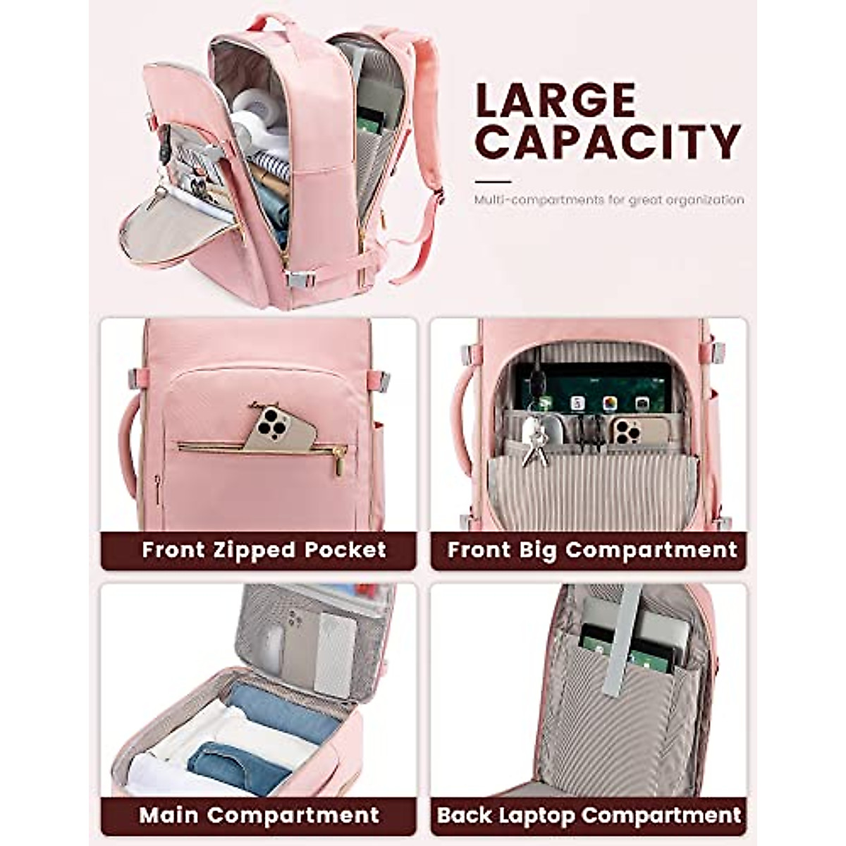 LOVEVOOK Travel Backpack Women, Carry On Backpack as Personal Item Flight Approved, TSA 17.3inch Laptop Backpack with 3 Packing Cubes College Casual Daypack for Weekender Overnight Hiking, Pink