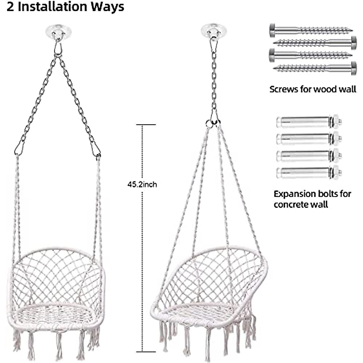 Hammock Chair, Ohuhu Max 330 LB Hanging Chairs with Durable Hanging Hardware Kit, Indoor & Outdoor Use Hammock Chair Macrame Swing, Cotton Rope Handmade Knitted Mesh for Bedroom, Patio, Yard, Garden