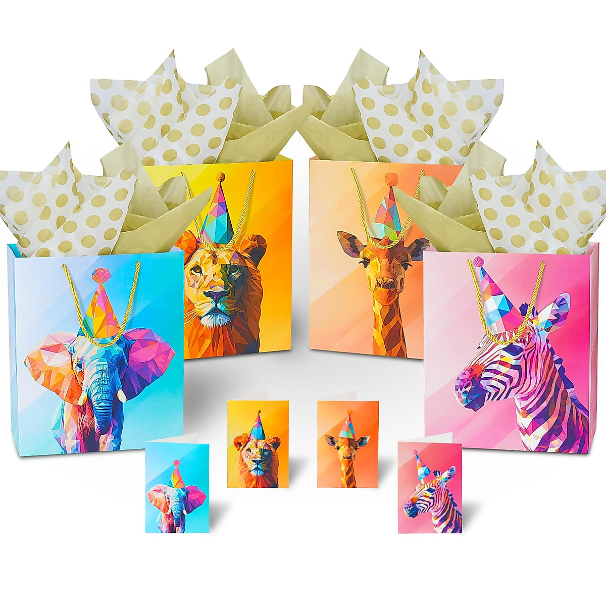 Purple Dino 13'' Large Birthday Gift Bag with Tissue Paper, Assorted Gift Bags for Kids, Happy Birthday Gift Bag for Girls and Boys, Gift Bag Set of 4