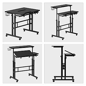 SogesPower 2 Platforms Mobile Laptop Desk Adjustable Side Table Computer Stand for Bed Sofa,Mobile Standing Desk with Cup Holder and Hooks,Black
