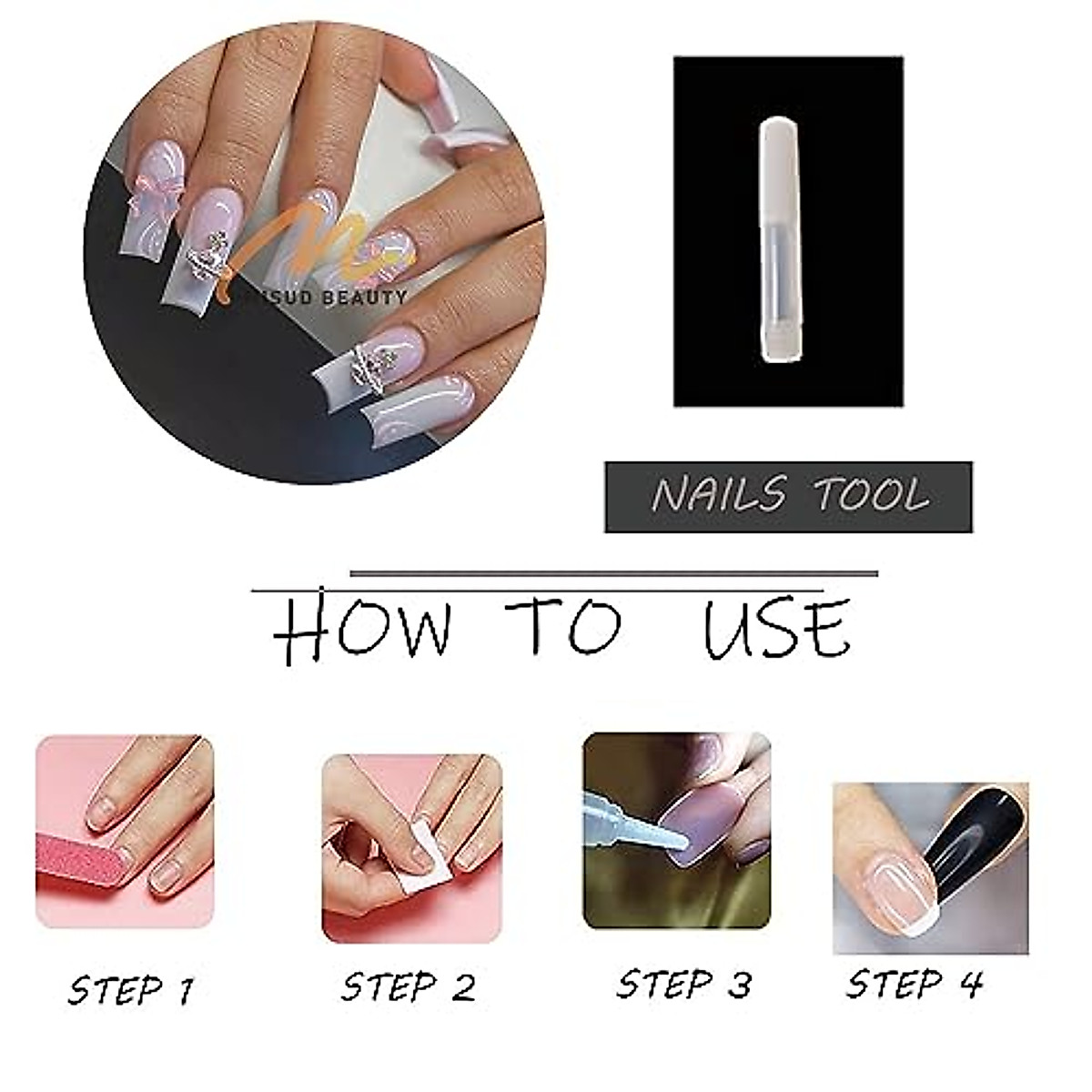 MISUD Long Square Press on Nails Squoval Fake Nails Glossy Glue on Nails White French Tip Acrylic Nails Saturn Rhinestone Arificial Nails 3D Bow False Nails with Design 24 pcs