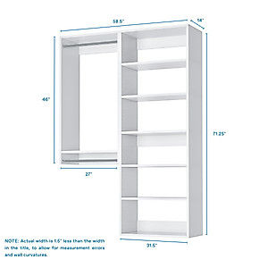 Closet Kit with Hanging Rods & Shelves - Corner Closet System - Closet Shelves - Closet Organizers and Storage Shelves (White, 60 inches Wide) Closet Shelving