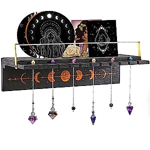 GLOBLELAND Luna Phase Wooden Crystal Pendulum Wall Shelf Witch Hanging Crystal Organizer Holder Crystal Shelf Display for Wall Pendulum Stand for Stone Divination Tarot Oracle Card