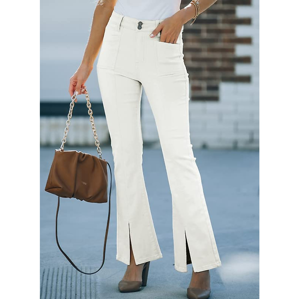 Dokotoo Womens High Waist Bell Bottom Jeans Zipper Fly Flared Denim Pants with Pockets White Size 12