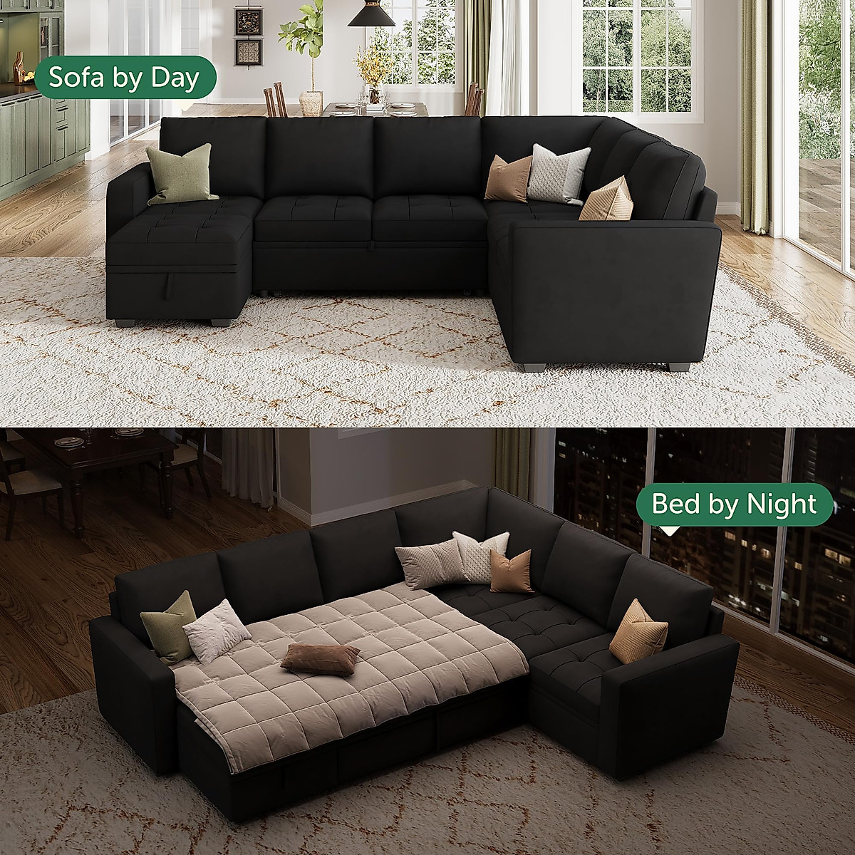 HONBAY Modular Sectional Sleeper Sofa with Pull Out Bed, Velvet Convertible L Shaped Sectional Couch with Storage Seat, Sectional Couches for Living Room, Balck