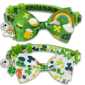 Pohshido St. Patrick's Cat Collar with Bow Tie and Bell, Kitty Kitten Breakaway Lucky Irish Shamrock Collar for Girls and Boys Male Female Cats