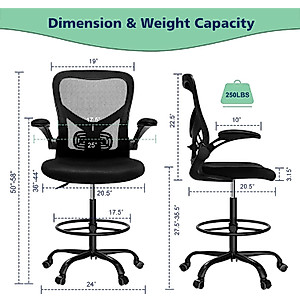 Drafting Chair,Tall Standing Desk Chair Comfortable Office Chair with Foot Ring Flip-up Padded Arms Height Adjustable Computer Task Chair Ergonomic Mesh Mid-Back Desk Chair,Black