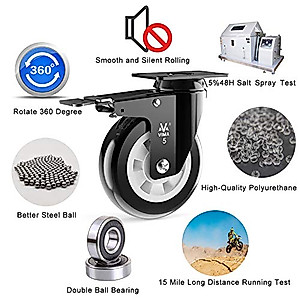 Heavy Duty Plate Caster Wheels 5" PU No Noise,Premium Polyurethane Double Ball Bearing Steels,Easily Lock or Unlock -440 Lbs Per Casters (Pack of 4, 2 Swivel Dual Locking & 2 Swivel) Black Wheel