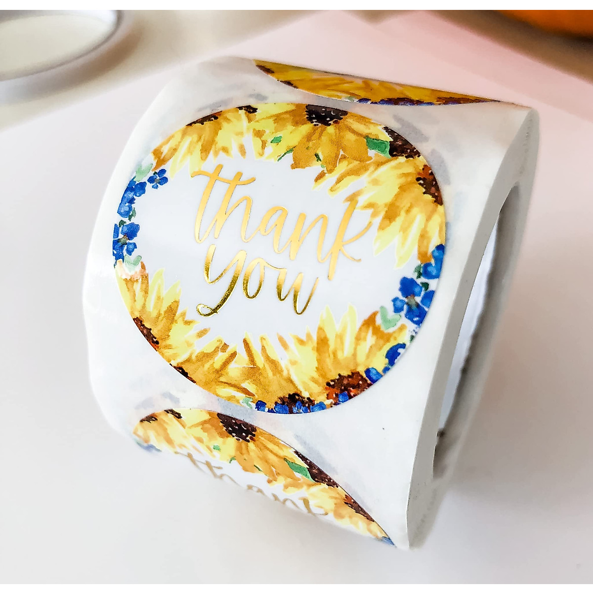 Mailed It 1.5 Inch Sunflower Gold Thank You© Stickers - 250 Per Roll - Pretty Packaging Supplies