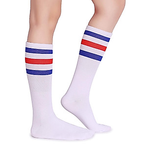 Pareberry Classic Triple Stripes Soft Cotton On the Calf Retro White Tube Socks (A-pair(Blue/Red/White))