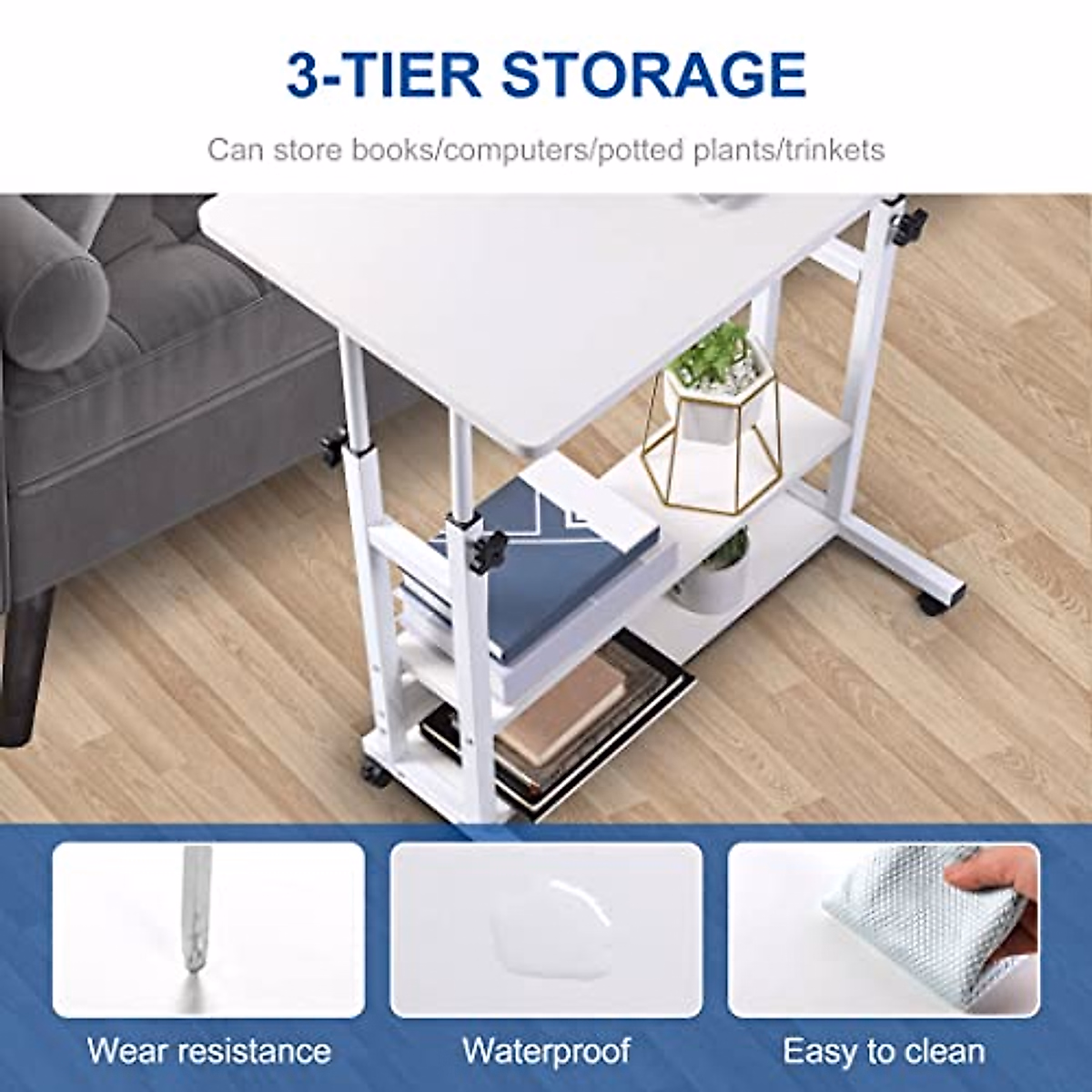 Portable Desk for Bedroom Height Adjustable 31x16 inch Storage Rolling Desk Modern Laptop Table Home Office Workstation Sofa Side Table with Wheels for Living Room Mobile Couch Small Study Desk White