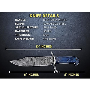 TIGEROUS 13'' Hunting Bowie Knife, Full Tang Fixed Blade, Wood Handle Damascus Steel Knife with Scout Horizontal Carry Leather Sheath for Camping, Hiking, Survival (Blue Pakka Wood)