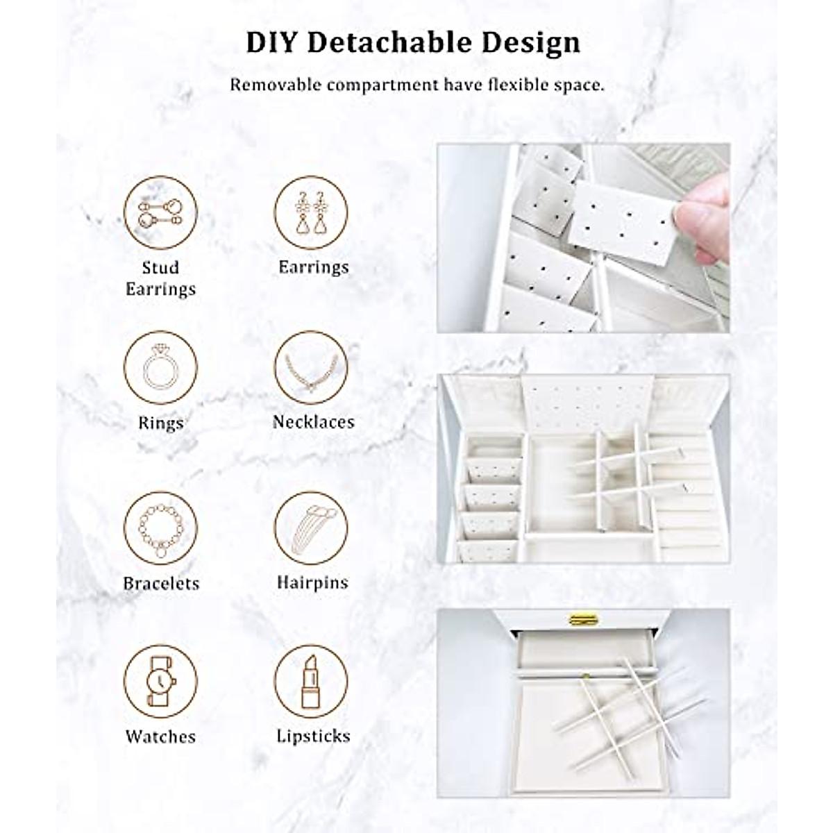 Jewelry Box Organizer for Women Girls, 3 Layer White PU Leather Jewelry Storage Case with 2 Removable Drawers, Mirror, Key Lock and 4 Pcs Jewelry Bags for Rings, Earrings, Necklace, Bracelet