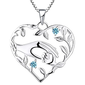 YL Mother Necklace Sterling Silver Mum Daughter Pendant Created Aquamarine Mum Hold Child's Hand Heart Necklace Gifts for Moms