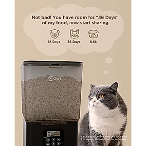 Ciays Automatic Cat Feeders, 5.6L Cat Food Dispenser Up to 20 Portions Control 4 Meals Per Day, Pet Dry Food Dispenser for Small Medium Cats Dogs, Dual Power Supply & Voice Recorder, Black, PAF-A06