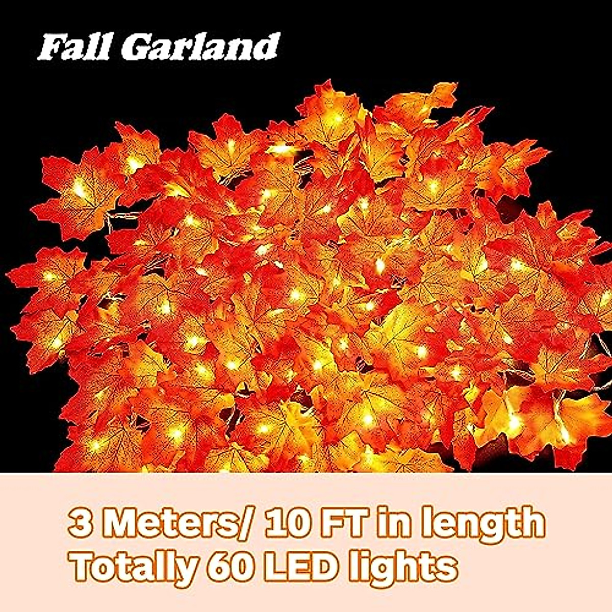 3 Pack Thanksgiving Decorations Lighted Fall Garland, 30 Ft 60 LED Battery Operated Maple Leaves String Lights for Indoor Outdoor Autumn Harvest Party Halloween Thanksgiving Decoration