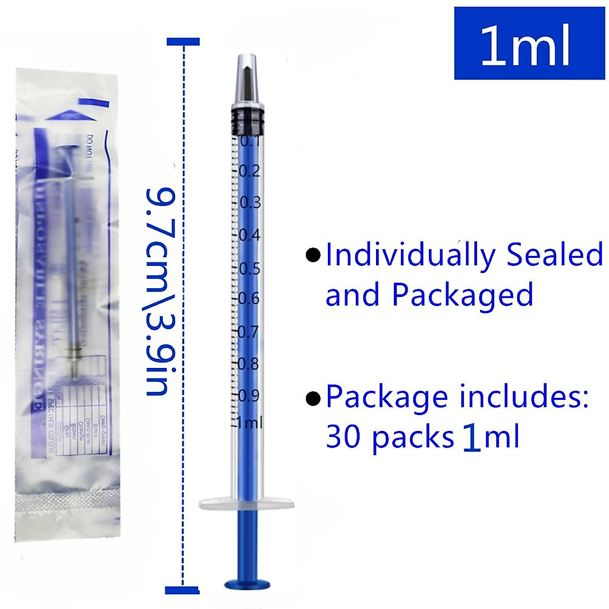 20 Pack 1ml Syringe without Needle with Cap, Sterile Individual Wrap for Scientific Labs, Feeding Pets, Liquid Measuring or Refilling Multiple Uses Tools