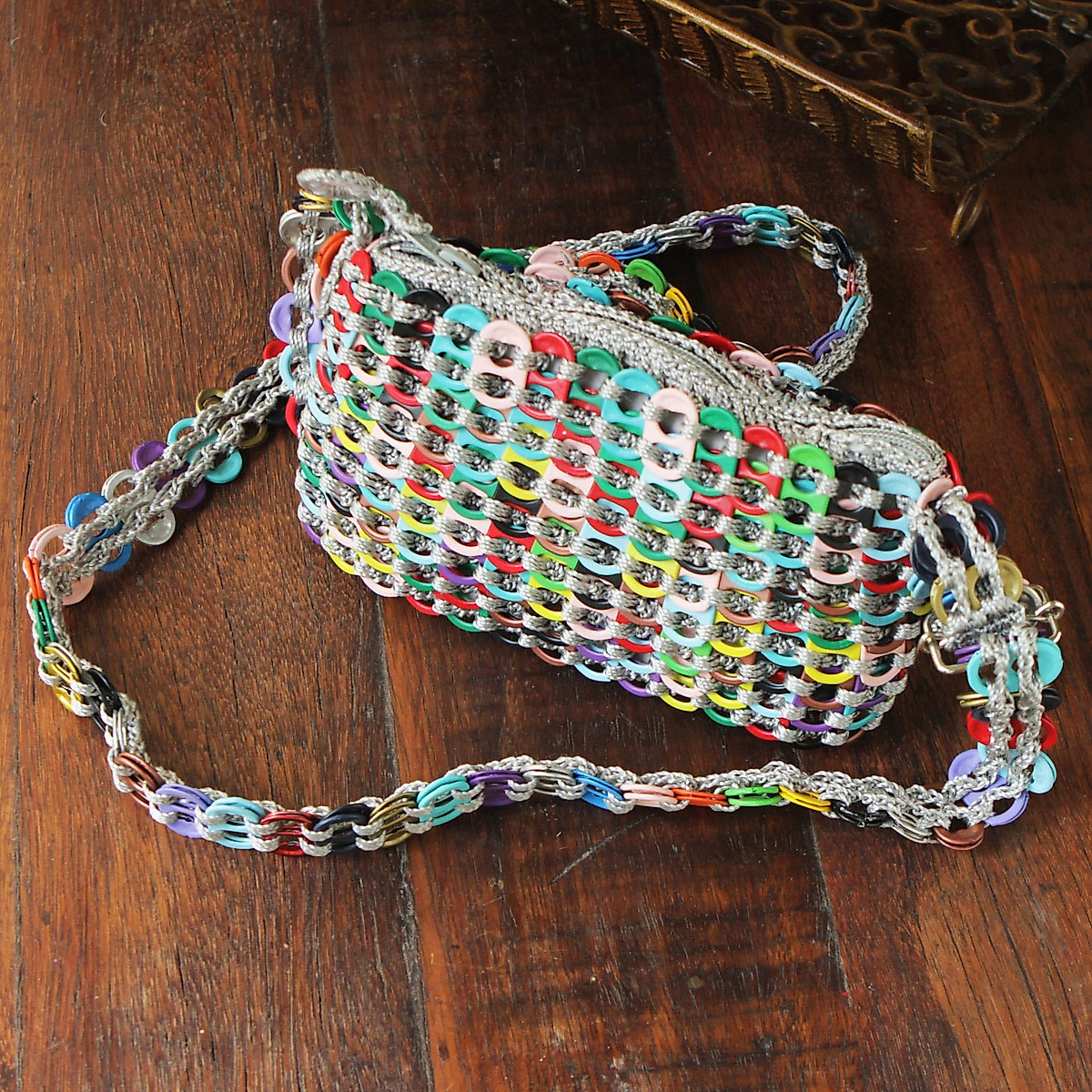 NOVICA Artisan Handmade Recycled Poptop Shoulder Bag Artisan Crafted Multi Color with Soda Metallic Multicolor Brazil Purse 'Mini Rainbow Light'