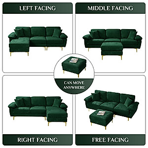 OUYESSIR L Shaped Sectional Sofa Couch, 3 Seat Velvet Sofa with Ottoman and Pillows, Upholstered Comfy Couch Sleeper for Living Room, Bedroom, 88 inches (Green)