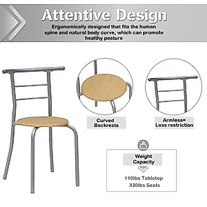 VECELO 3-Piece Bar Table Set, Round Tabletop & Chair for Kitchen Dining Room Breakfast, Built-in Wine Rack, Space Saving, 31.5" Length X 21" Width, Silver and Natural