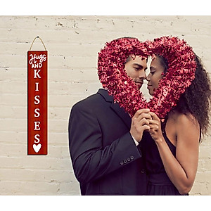 KPSheng 8x48 Inch Hugs And Kisses Porch Sign, Valentine Heart Sign Standing Hanging Porch Decor for Valentine's Day Home Front Door Yard Party Decor
