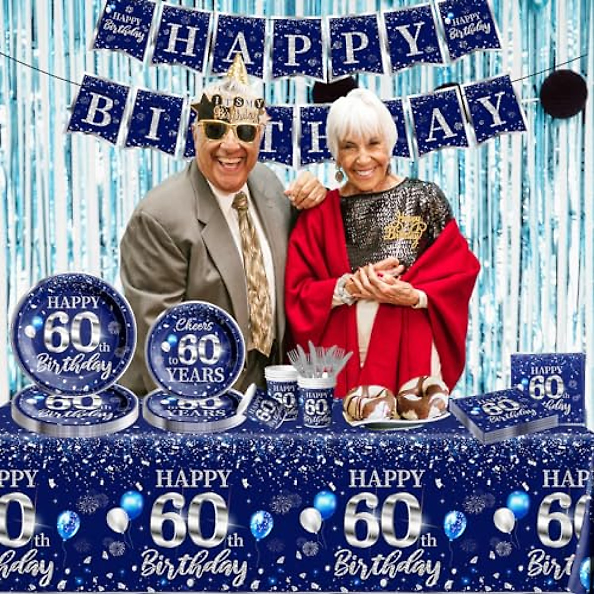 142 Pcs 60th Birthday Tableware Set Decorations Sliver and Blue 60th Happy Birthday Party Supplies for Men Women Birthday Tablecloth,Plates, Napkins, Cups,Forks and Knives