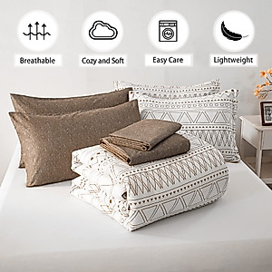 WONGS BEDDING 7 Pieces Brown Comforter Set Full Size,Boho Bed in a Bag Geometric Stripe Comforter Reversible Soft Microfiber Bedding Set with Pillowcases & Shams,Flat Sheet,Fitted Sheet