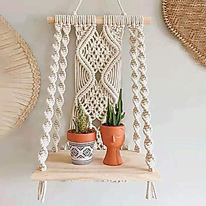 JnnRain Macrame Shelf Macrame Wall Hanging Shelf Beige Macrame Hanging Shelves White Macrame Wall Shelf Decor Plants Wall Shelf Home Decor