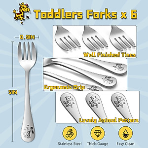 E-far Toddler Forks, 6-Piece Stainless Steel Kids Utensils Fork for Baby Self Feeding, Attached Portable Case & Cute Animal Pattern, Solid Metal & Small Size, Rust Free & Dishwasher Safe
