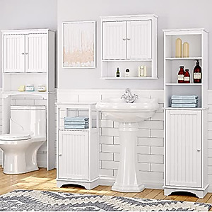 Spirich Home Freestanding Storage Cabinet with Three Tier Shelves, Tall Slim Cabinet, Free Standing Linen Tower, White
