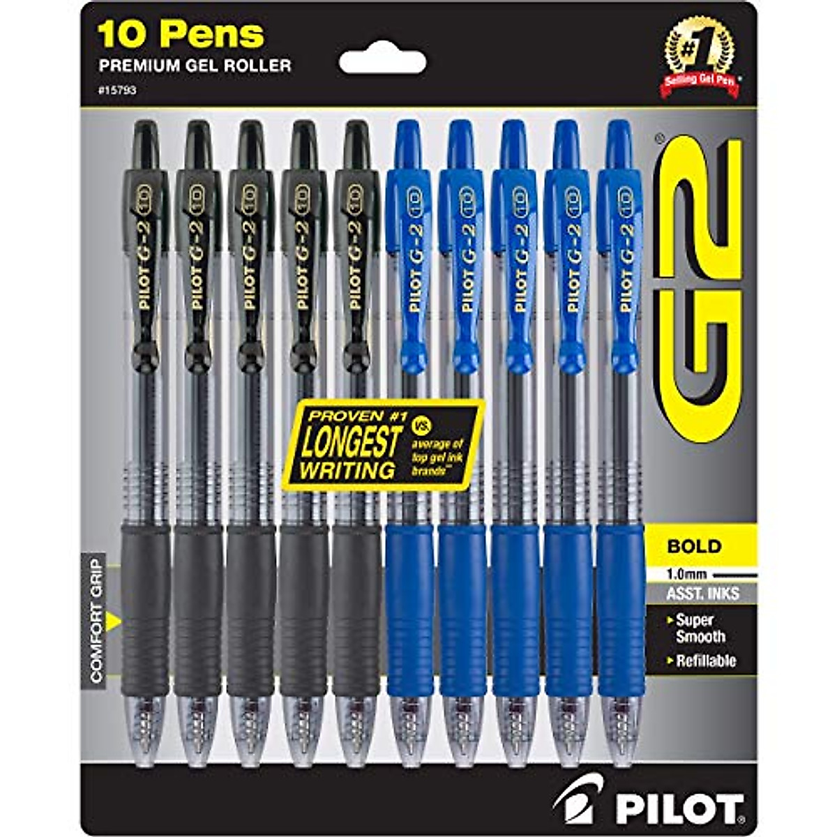 Pilot G2 Bold, Premium Gel Pens, Bulk Pack Of 10 Pilot G2 Pens, 5 Black G-2 & 5 Blue Ink, 1.0mm Medium Point, Retractable Rolling Ball, Office & School Pens for Women & Men.