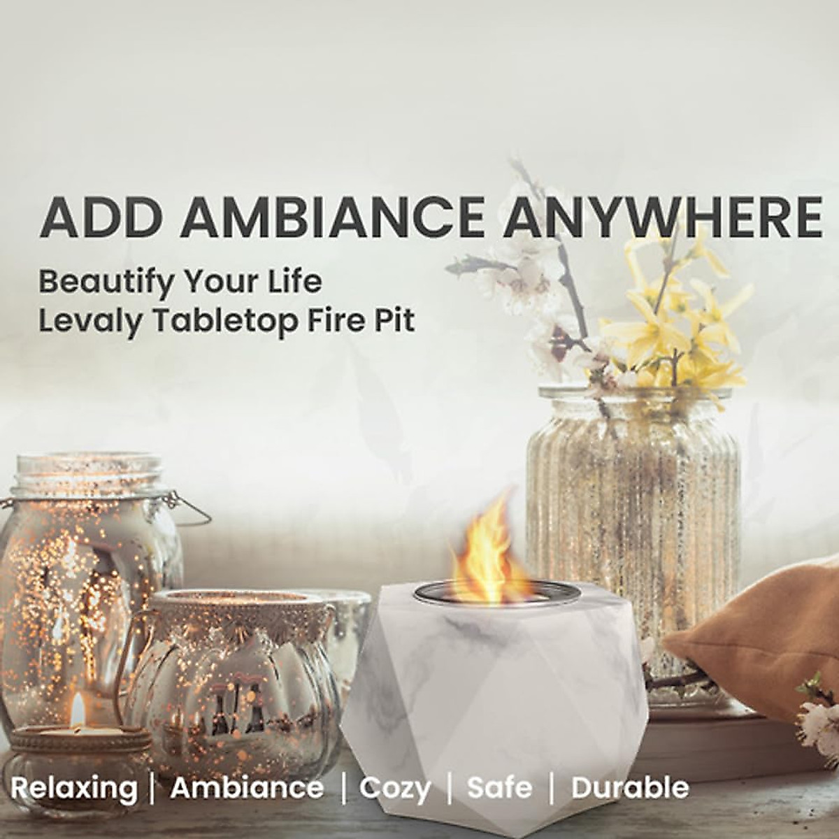 Levaly Tabletop Fire Pit for Indoor Outdoor - White Geometric Smokeless and Odorless Table Top Firepit Bowl - Mini Portable Firebowl - Cement Fireplace - Backyard Patio Balcony Smores,Ethanol Biofuel