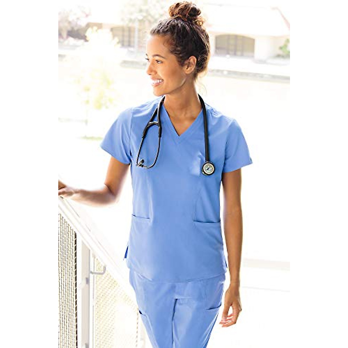 Med Couture Women's 'Peaches Collection' Double V-Neck Scrub Top, Black, Large