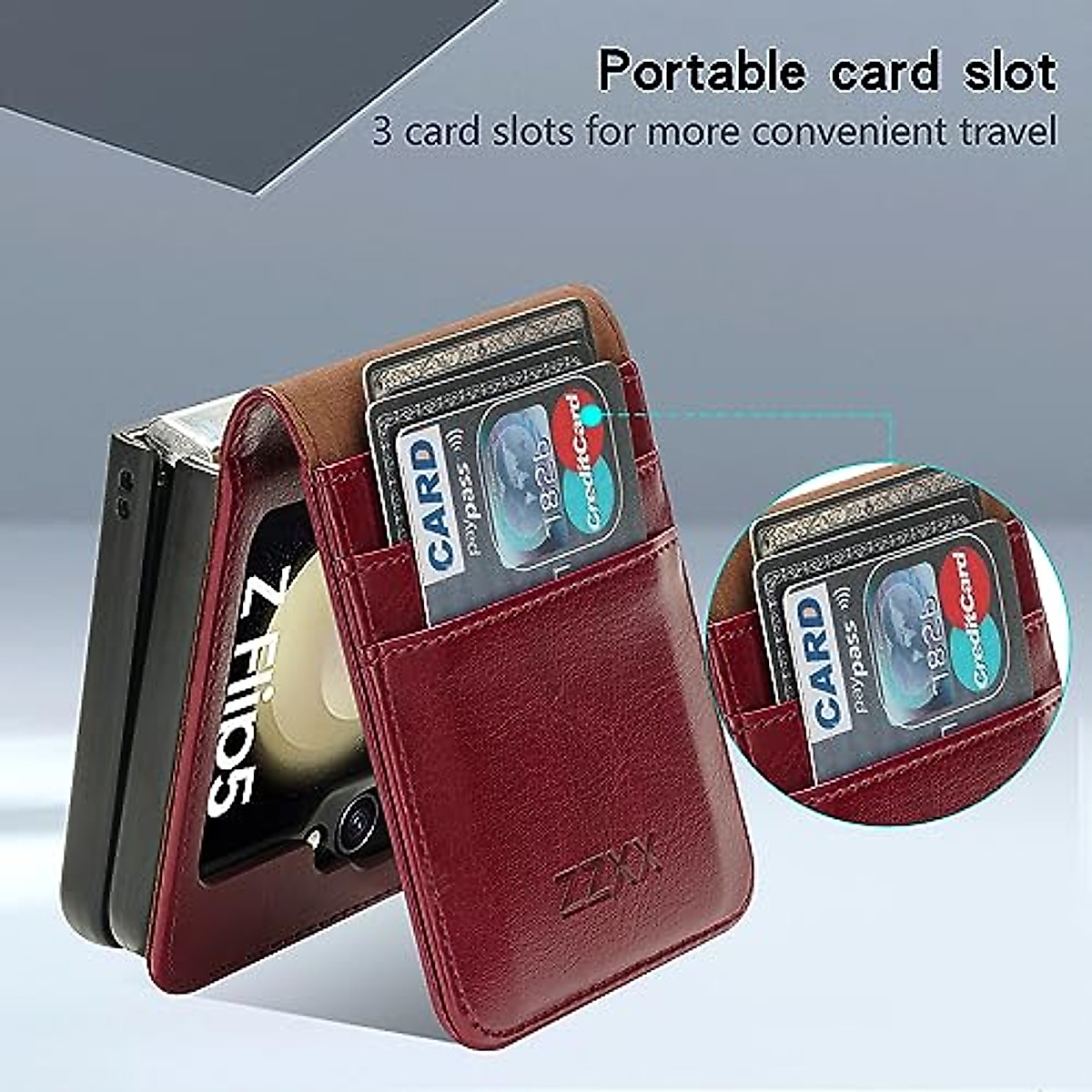 ZZXX Samsung Galaxy Z Flip 5 Wallet Case with [RFID Blocking] Card Slot Magnetic Closure Leather Flip Fold Protective with S Pen Holder Phone Case for Galaxy Z Flip 5 Case Wallet(Wine Red-6.7 inch)