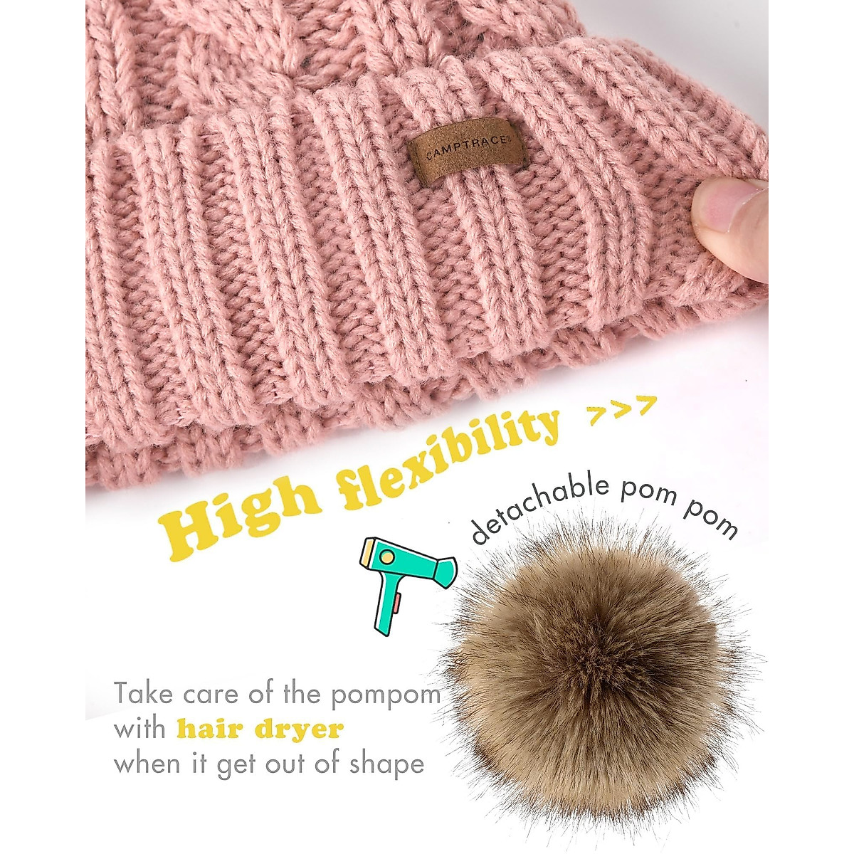 Camptrace Baby Winter Hat Toddler Beanie Baby Girls Boys Hat Warm Faux Fur Pom Kid Chunky Knitted Thick Snow Cap Pink 2-6T