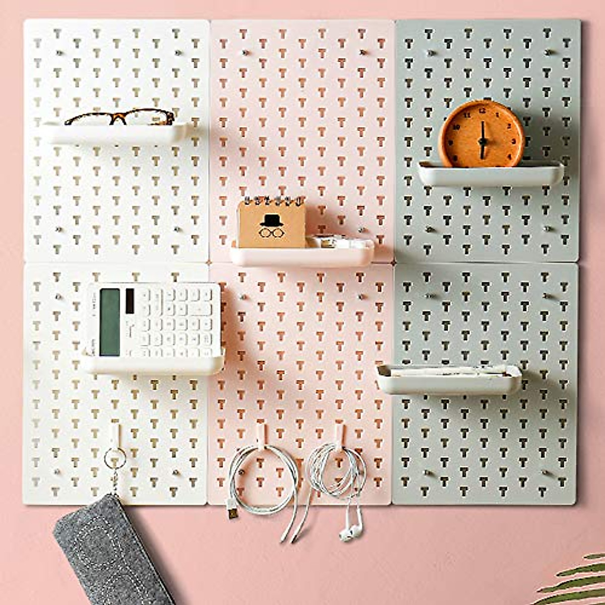 iiDesign Decorative Plastic Pegboard, EZ Mount Wall Shelf for Living Room Bathroom Kitchen Office, Wall Decor Storage Organizer (Grey)