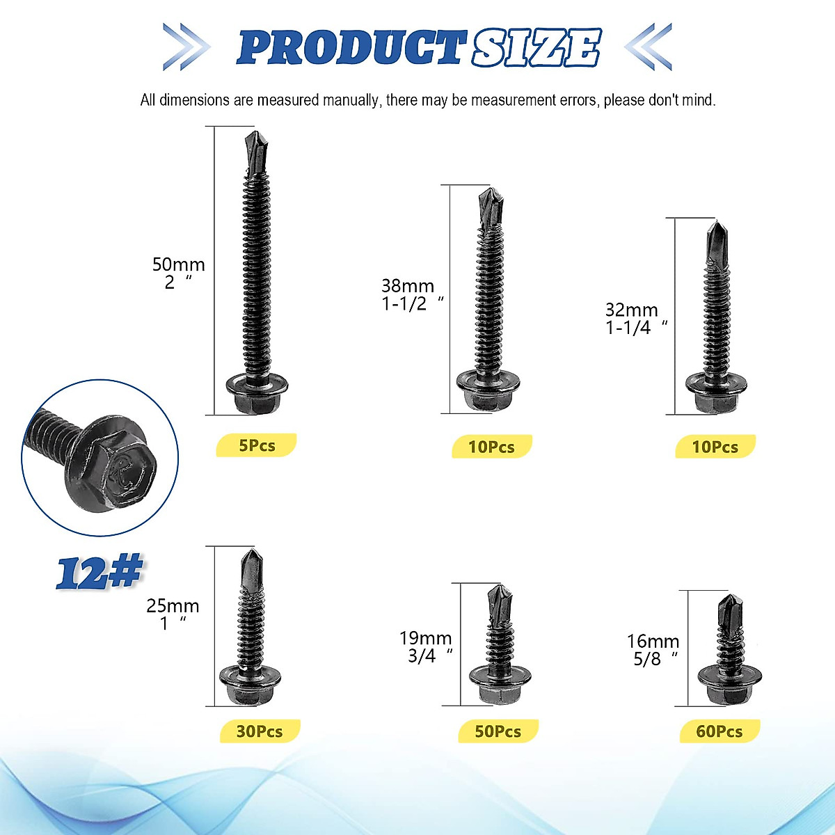 Glarks 165Pcs 410 Stainless Steel #12 Hex Washer Head Self Drilling Screws Assortment Kit 6 Size Black #12x5/8, #12x3/4, #12x1, #12x1-1/4, #12x1-1/2, #12x2 Sheet Metal Screws with Drill Point