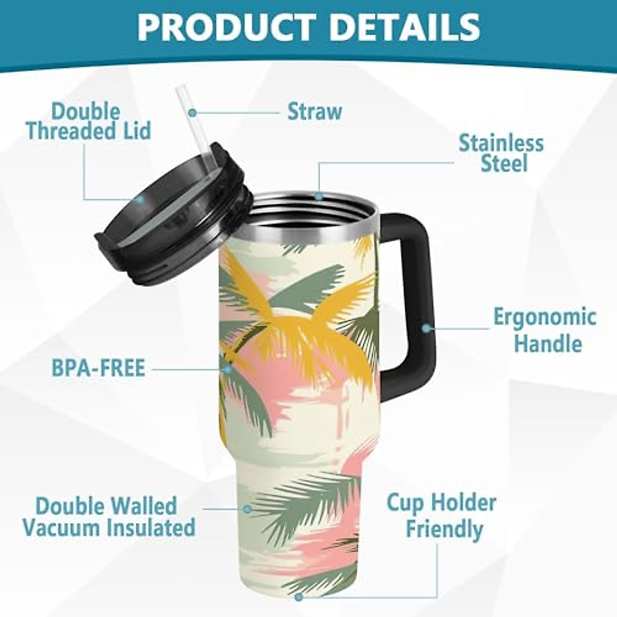 FRCSDIY Coconut Tree Insulated Tumbler with Handle and Straw Lid,30oz Leakproof Stainless Steel Cup BPA-Free Water Bottle