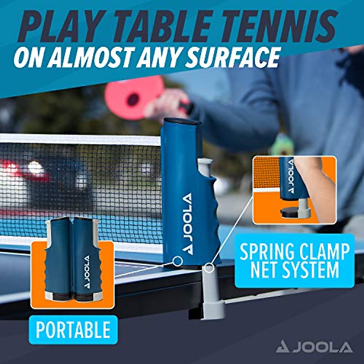 JOOLA Retractable Ping Pong Net With Clamps - Table Tennis Net Stretches 5.75' - Clamps on Table Up to 2” Thick - Optional Ping Pong Paddles and Balls